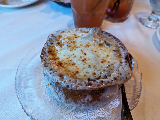Behold the crown jewel &ndash; French onion soup with a cheese pull so magnificent it deserves its own slow-motion entrance music.