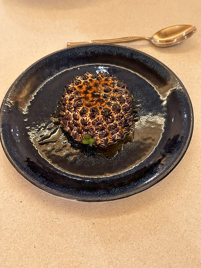 Behold the charred perfection that emerges from Kann's hearth! This blackened beauty sits like an edible sculpture, promising smoky depths of flavor within.