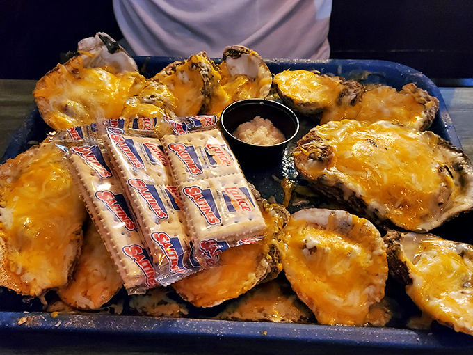 Cheese bubbling like tiny volcanic eruptions atop fresh oysters. If heaven had a appetizer menu, these golden beauties would be the bestseller.