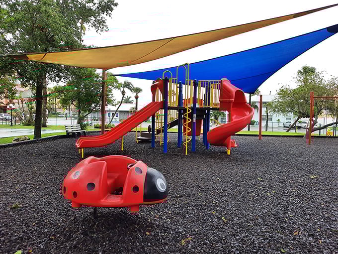 Childhood joy doesn't need complicated equipment. This cheerful playground with its ladybug spring rider proves Florida fun comes in all sizes.