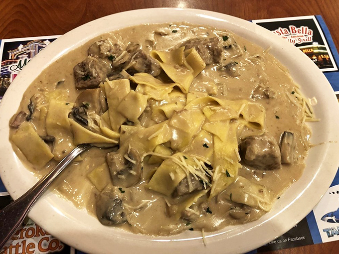 Behold the beef stroganoff in all its glory &ndash; tender meat and mushrooms swimming in a sauce so rich it probably has its own investment portfolio.