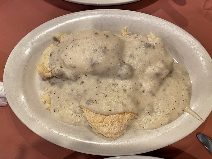 Behold the crown jewel: biscuits and gravy that would make your grandmother simultaneously proud and jealous. That pepper-speckled gravy blanket is what breakfast dreams are made of.