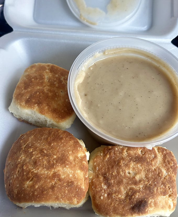 Golden biscuits swimming in creamy gravy - this is comfort food at its finest level.