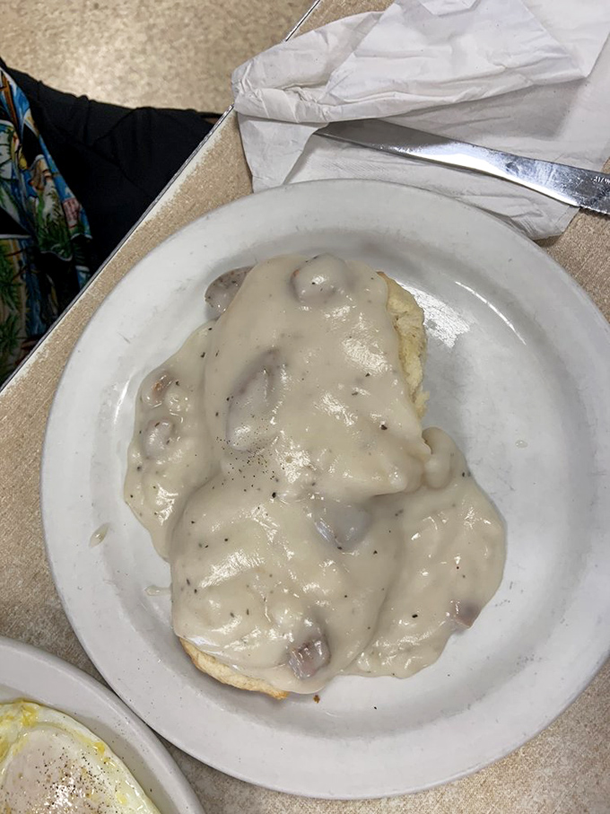Biscuits and gravy so authentic they could run for office in the South. The pepper-speckled cream gravy blankets those biscuits like they're tucking them in for a nap.