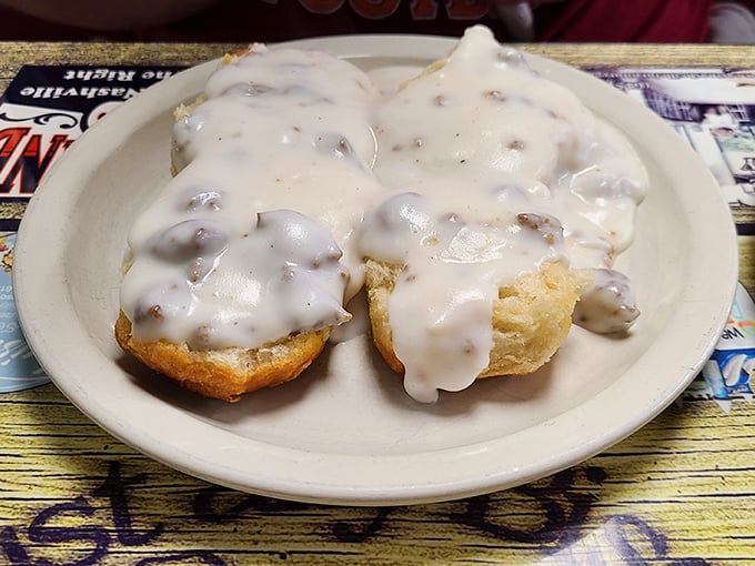 Behold the star attraction: biscuits smothered in creamy sausage gravy. Not all heroes wear capes &ndash; some wear gravy.