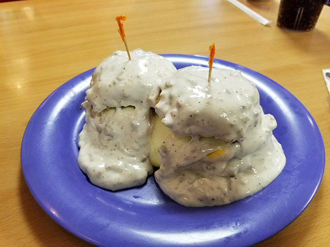 Biscuits and gravy that would make your Southern grandmother weep with joy. Those toothpicks aren't structural support&mdash;they're victory flags.