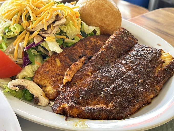 Blackened halibut that's ready for its close-up. The perfect sear creates a spice-crusted exterior while keeping the fish moist and flaky inside.