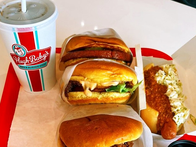 Not your sad school lunch! These beautifully crafted sandwiches and that perfectly dressed hot dog prove Hugh-Baby's understands the art of simple food done right.