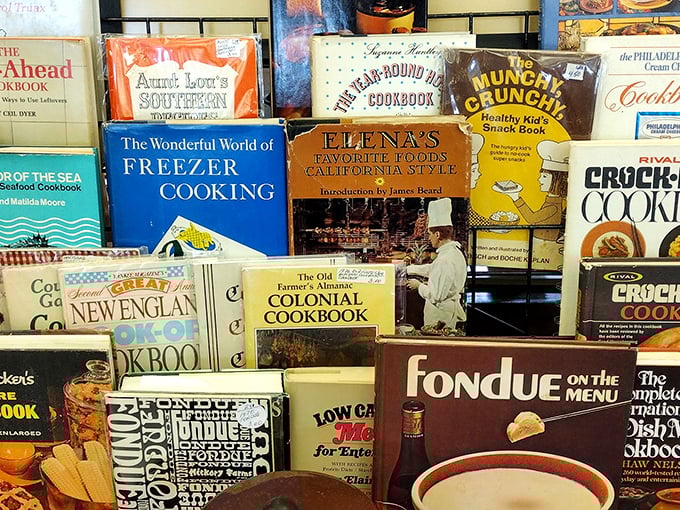 Cookbooks from another era line these shelves&mdash;each one a time capsule of when fondue was fancy and Jell-O was haute cuisine.