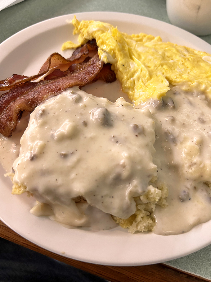 Biscuits drowning in pepper-flecked gravy with eggs and bacon on the side &ndash; breakfast nirvana that would make Aunt Bee proud.