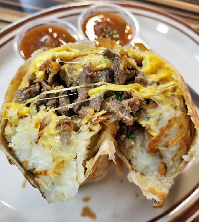 Behold the breakfast burrito in all its glory&mdash;stretchy cheese, seasoned steak, and potatoes wrapped in a tortilla cocoon waiting to transform your morning.