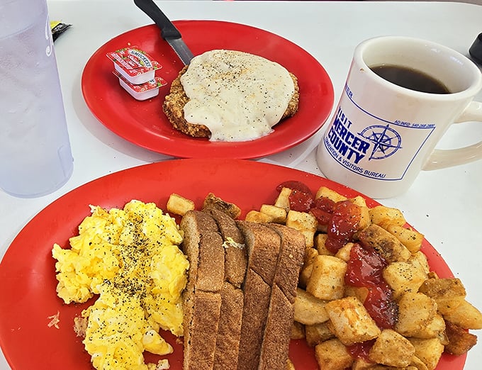 Breakfast nirvana achieved: Perfectly scrambled eggs, crispy home fries with just the right amount of seasoning, and toast that's somehow both sturdy and tender.