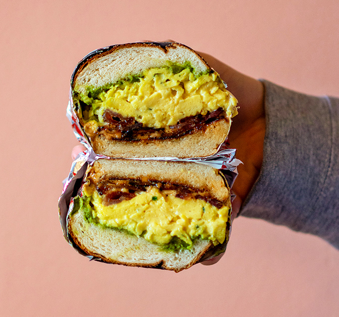 Behold the breakfast sandwich that launched a thousand food pilgrimages. That golden egg-to-bacon ratio would make Einstein proud.