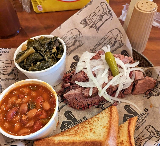 Brisket so perfectly smoked it deserves its own Instagram account, flanked by collard greens and beans that refuse to be mere sidekicks.