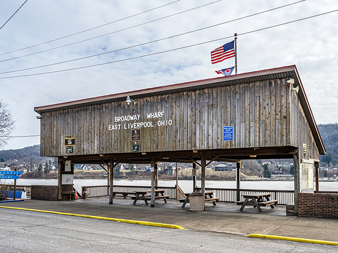 The Broadway Wharf pavilion provides a peaceful riverside respite, where the Ohio River's timeless flow has witnessed centuries of East Liverpool history.