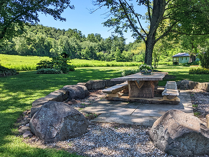 A stone table surrounded by boulders&mdash;nature's conference room. The perfect spot to contemplate life's big questions or simply enjoy a sandwich with a view.