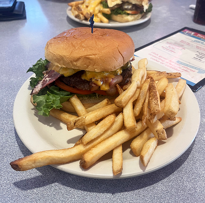 Behold the burger in its natural habitat—juicy, perfectly stacked, and flanked by golden fries standing at attention like delicious soldiers.