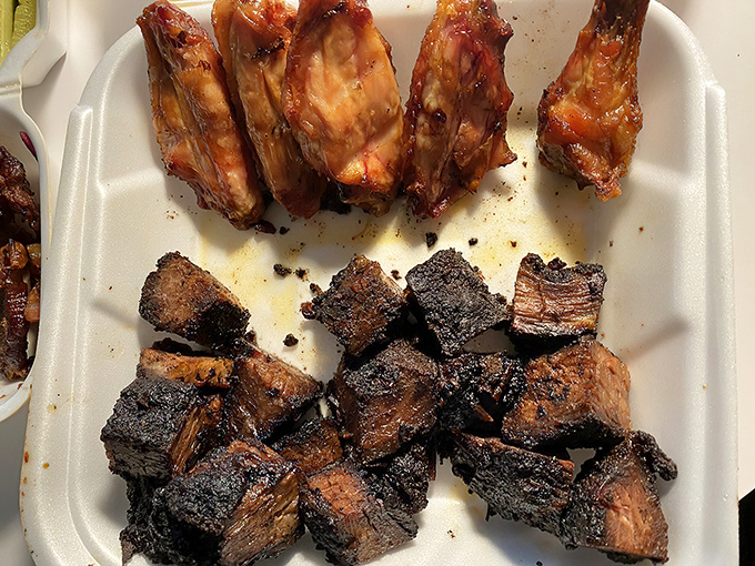 Behold the burnt ends in all their blackened, bark-encrusted glory. These aren't just meat cubes&mdash;they're flavor bombs that make vegetarians question their life choices.
