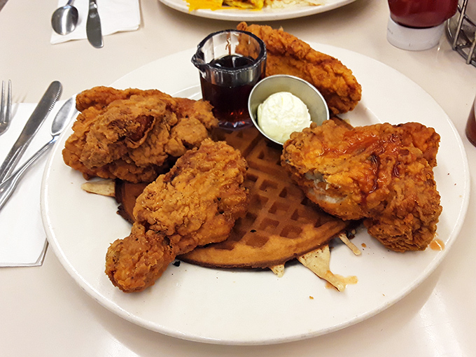 Chicken and waffles that make you question all your previous breakfast decisions. That golden-brown chicken could make a vegetarian reconsider their life choices.