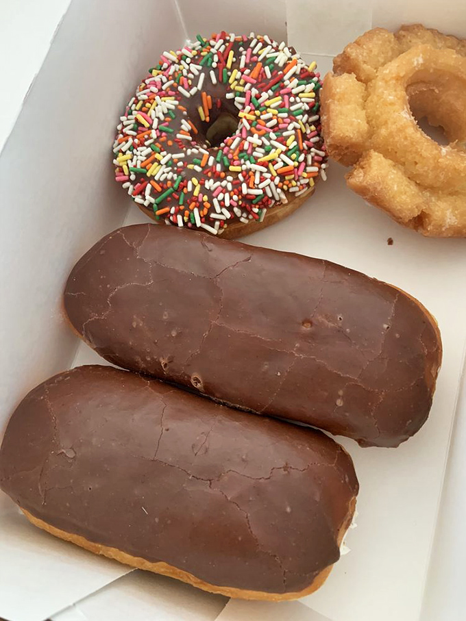 Sprinkles, chocolate, and that perfect golden-brown cake donut. The holy trinity of morning happiness arranged in a box of pure possibility.