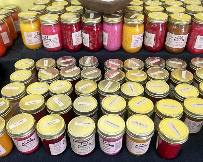 Mason jar rainbows! These homemade candles line up like edible treats, promising to fill your home with scents that trigger childhood memories.