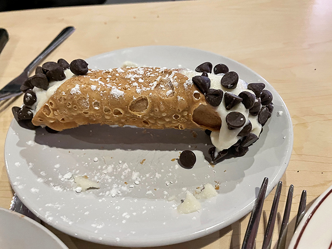 Behold the cannoli in all its glory! That perfectly crisp shell cradles a cloud-like filling, with chocolate chips standing guard at both ends like delicious sentries.