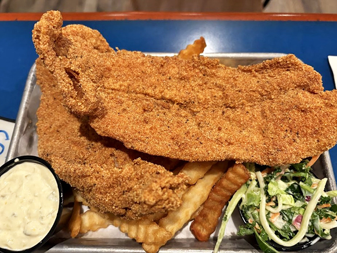 Behold the star of the show: cornmeal-crusted catfish with that perfect golden crunch. Served with waffle fries and slaw, it's the Florida equivalent of winning the lottery.