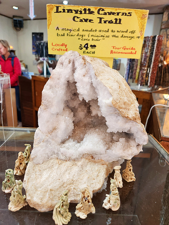 "Cave Troll: $4" promises this charming geode display. Finally, a magical amulet that costs less than a fancy coffee and wards off bad hair days.