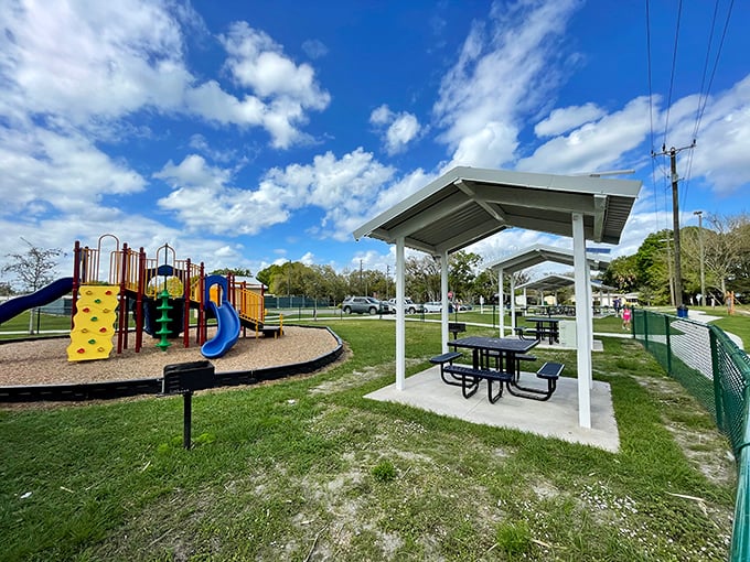 Centennial Park's playground proves grandkids are welcome here, and the picnic tables don't charge corkage fees.