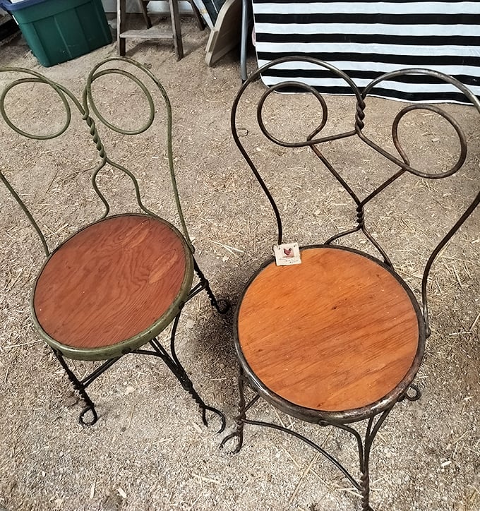 Ice cream parlor romance in metal and wood. These twisted wire chairs have hosted countless first dates and summer conversations since the soda fountain era.