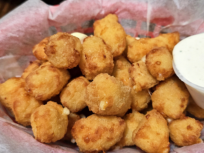 Golden nuggets of joy! These perfectly fried cheese curds achieve that magical balance of crispy exterior and melty interior that makes Wisconsin's signature snack irresistible.