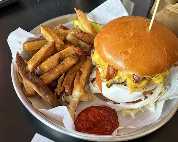 Not just a burger, but a statement of intent. Those hand-cut fries and that pickle spear aren't garnishes &ndash; they're necessary reinforcements.