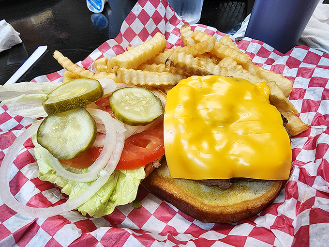 Behold the star of our show: a cheeseburger that doesn't need filters or fancy lighting to make your heart skip a beat.