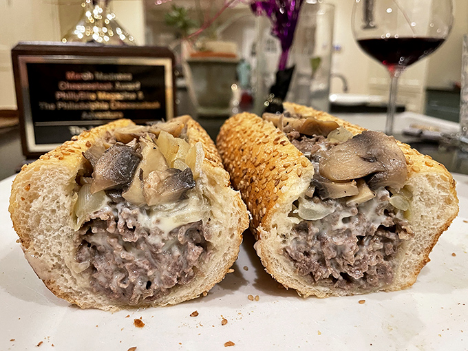 Behold the cross-section of perfection: tender beef, melted cheese, and mushrooms in holy matrimony.