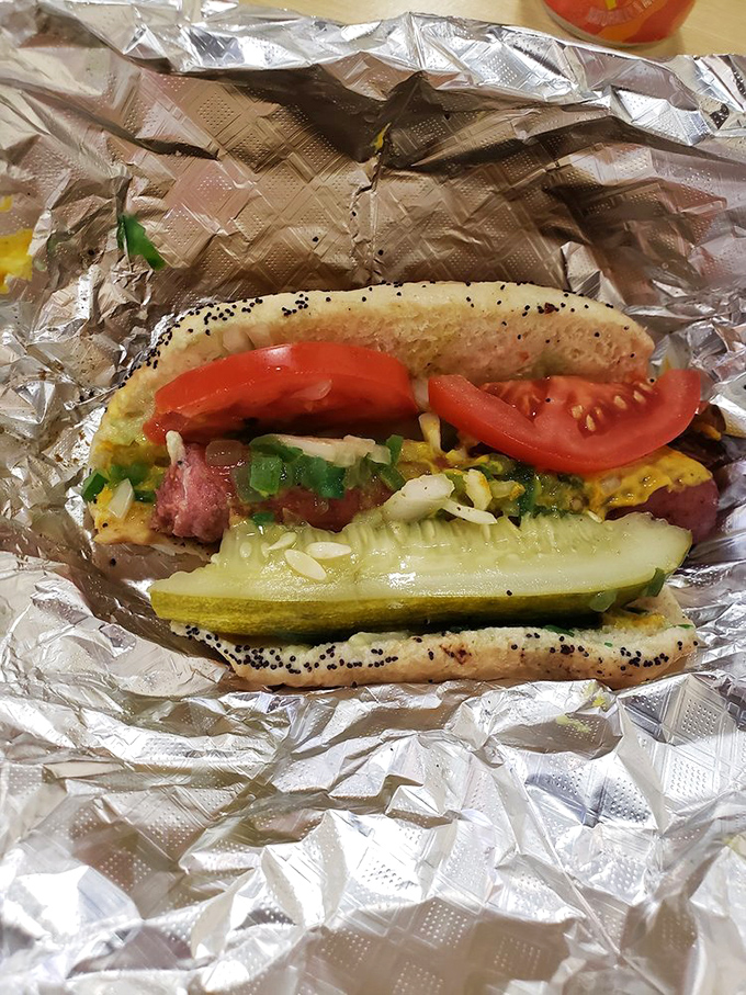 The Chicago dog in its natural habitat—poppy seed bun, "dragged through the garden" with all the fixings, and absolutely no ketchup in sight.