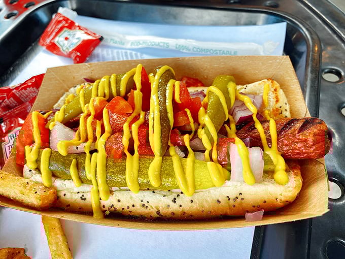 Behold the Chicago Dog in all its glory! That poppy seed bun cradling a symphony of toppings&mdash;proof that sometimes more IS more.