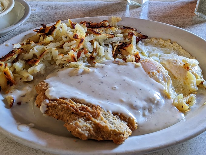 Behold the legendary chicken fried steak that's causing all the fuss &ndash; crispy perfection drowning in heavenly gravy.