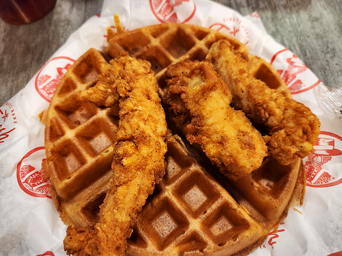 Golden-brown tenders perched atop a Belgian waffle&mdash;a sweet and savory marriage that proves some of the best relationships are built on opposites attracting.