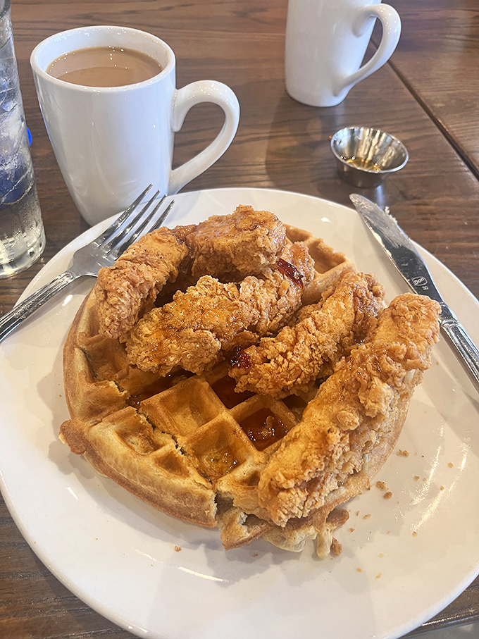 Chicken and waffles: where breakfast and lunch stopped fighting and fell madly in love. That golden-brown crust deserves its own fan club.