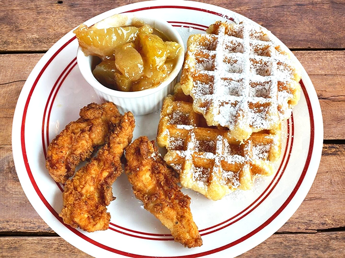 Chicken and waffles nirvana! Golden-brown perfection meets sweet Belgian waffle in a dish that would make angels weep and dietitians look the other way.