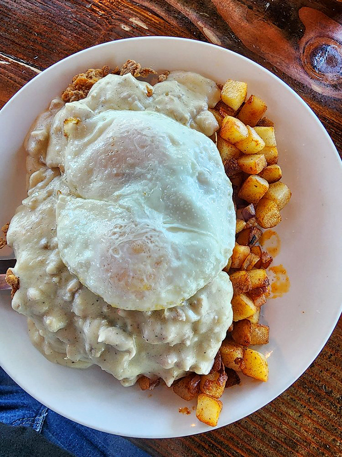 Behold the holy grail of comfort food: chicken fried steak swimming in peppery gravy with a sunny-side egg standing guard. Calories worth every delicious consequence.