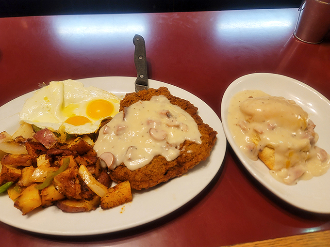 Behold the star attraction: chicken fried steak that's crispy, golden, and smothered in gravy that would make your grandmother both jealous and proud.