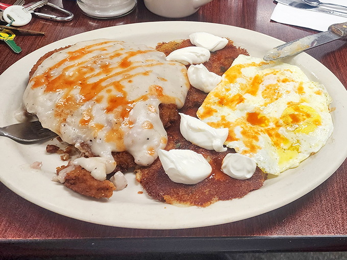 Behold the legendary chicken fried steak in all its glory&mdash;crispy, smothered in gravy, and ready to make your cardiologist wince and your soul sing.
