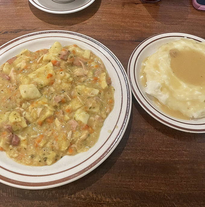 This is Pennsylvania Dutch pot pie &ndash; not the hat-wearing, crust-covered impostor, but a glorious stew where square noodles and tender chicken swim in liquid gold.