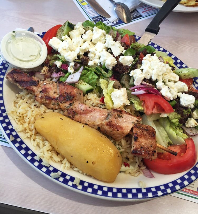 Not your average salad! This Greek-inspired masterpiece with grilled chicken souvlaki proves diners can do healthy without sacrificing flavor.