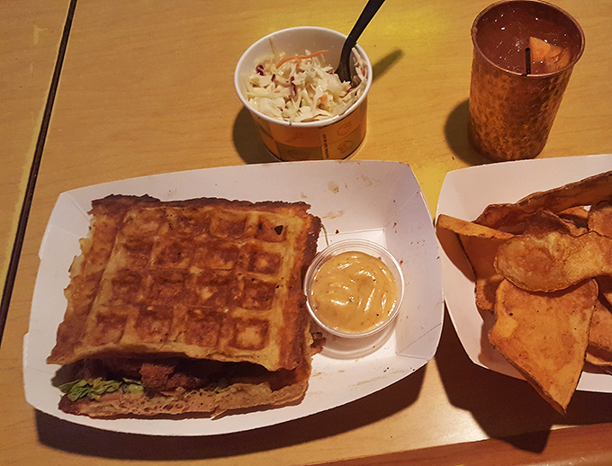 The legendary chicken waffle sandwich in its full glory. Breakfast and dinner had a beautiful baby, and it tastes like happiness. 
