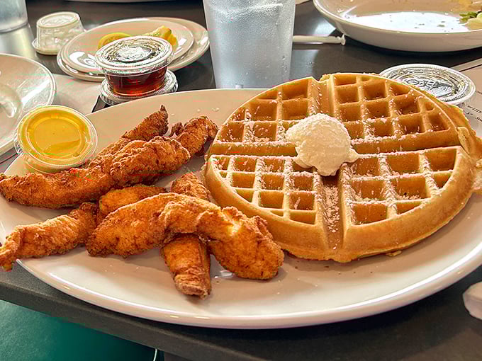 The holy matrimony of crispy golden chicken and fluffy Belgian waffles—a relationship so perfect it should have its own reality show.