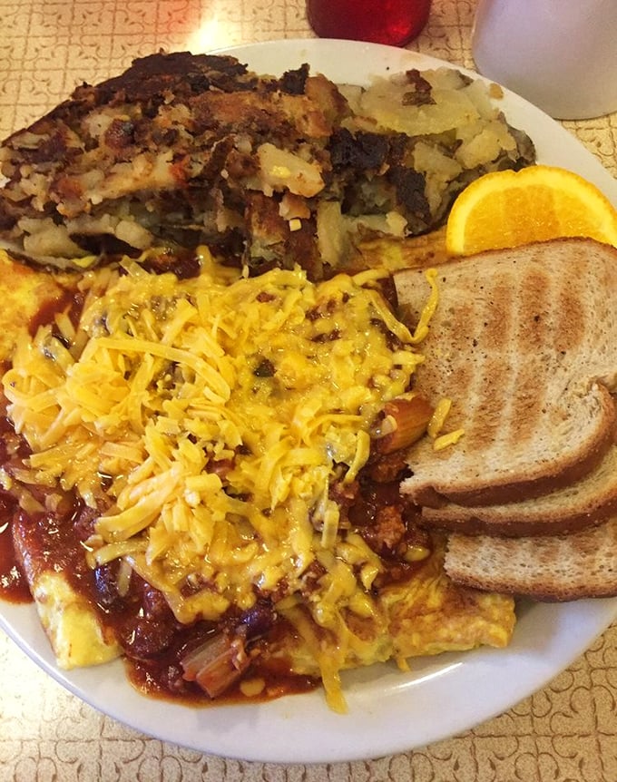 The kind of breakfast that makes lunch optional and dinner a distant concept &ndash; Mickey's famous chili cheese omelette with a side of perfectly crisped hash browns.