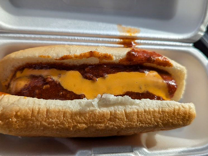 This isn't just a chili cheese dog—it's edible nostalgia, where each bite transports you back to a time when calories didn't count and napkins were essential.