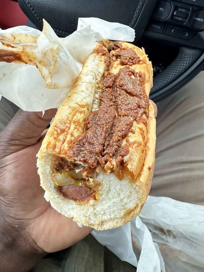 Behold the magnificent beast that has converted countless skeptics into devoted pilgrims of the chili dog faith.